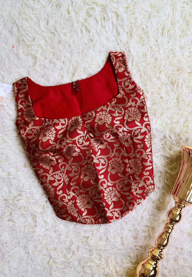 Blood-Red Silk-Brocade Corset-Cut Blouse – Yeshan Sarees