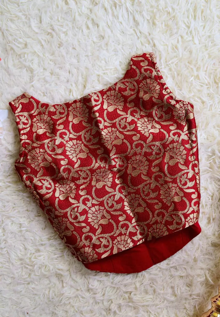 Blood-Red Silk-Brocade Corset-Cut Blouse – Yeshan Sarees